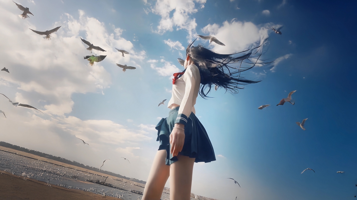 海边女生 海鸥 蓝色天空 4K壁纸-千星图壁纸-高清电脑桌面壁纸图片大全-wallhaven-彼岸壁纸